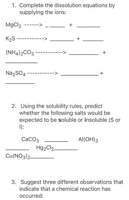 Solved 1. Complete the dissolution equations by supplying | Chegg.com