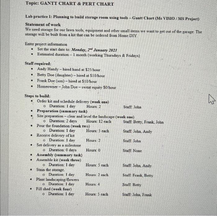 Solved Topic: GANTT CHART \& PERT CHART Lab practice 1: | Chegg.com