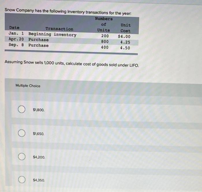 Solved Snow Company has the following Inventory transactions | Chegg.com