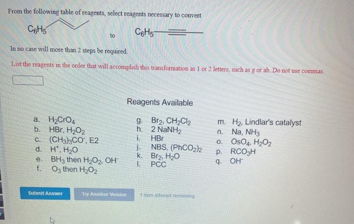 Solved From the following table of reagents, select reagents | Chegg.com