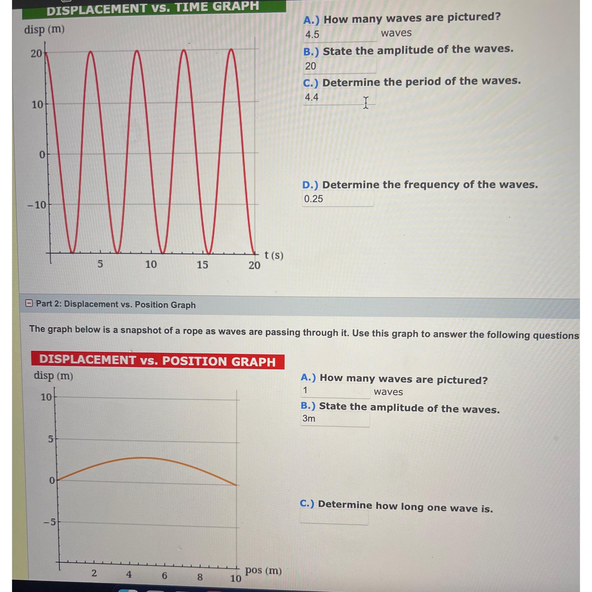 Solved DISPLACEMENT VS, ﻿TIME GRAPHA.) ﻿How many waves are | Chegg.com