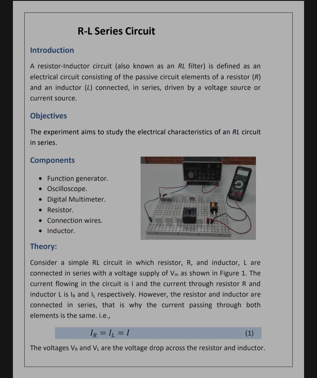 Solved R-L Series Circuit Introduction A resistor-Inductor | Chegg.com