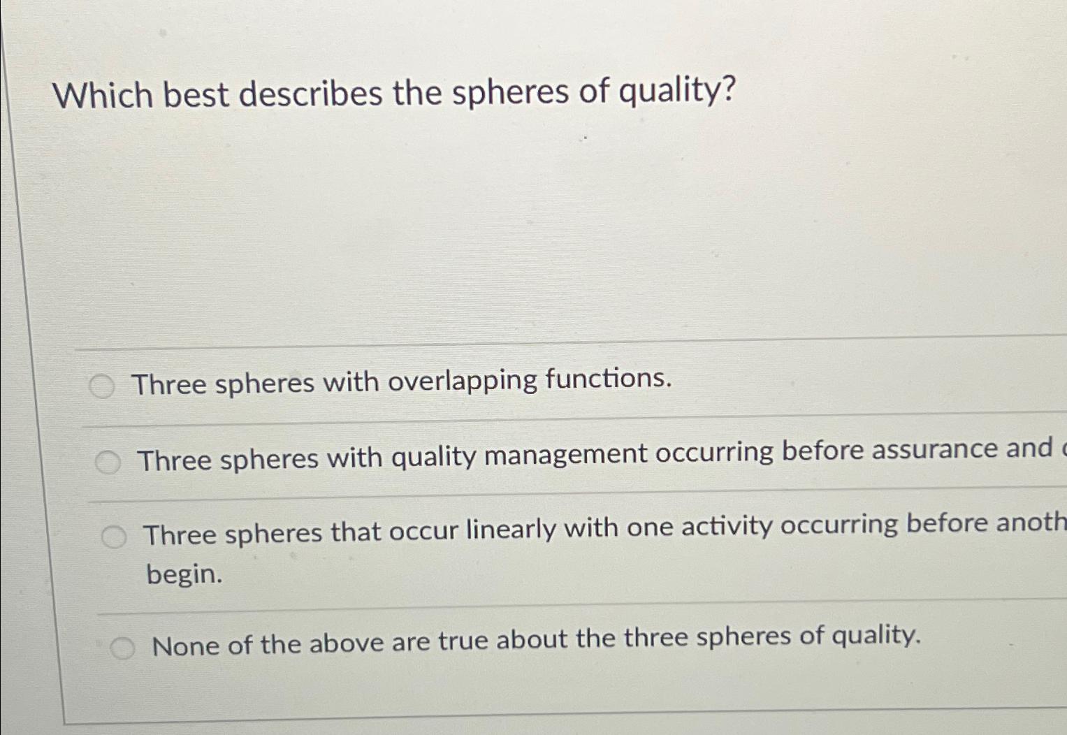 Solved Which best describes the spheres of quality?Three | Chegg.com
