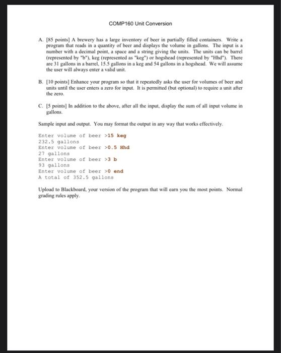 Solved COMP160 Unit Conversion A. 185 points) A brewery has | Chegg.com