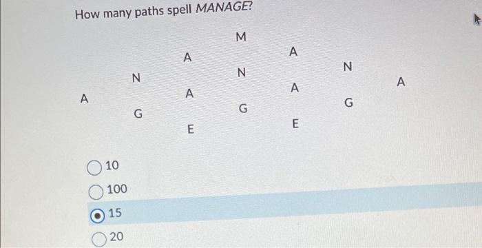 Solved How many paths spell MANAGE? 10 100 15 20 | Chegg.com