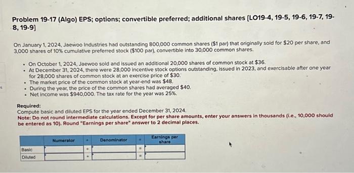 Solved Problem 19-17 (Algo) EPS; options; convertible | Chegg.com