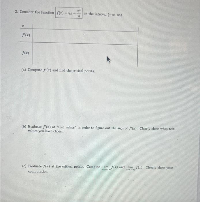 Solved 2. Consider the function f(x)=8x−4x4 on the interval | Chegg.com