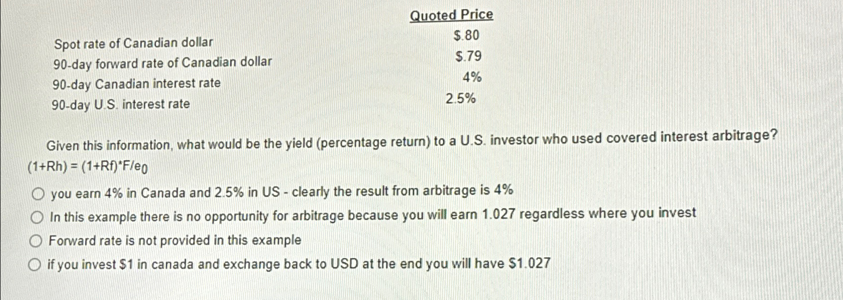 Solved \table[[,Quoted Price],[Spot rate of Canadian | Chegg.com