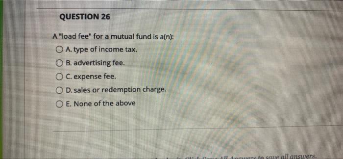 Solved QUESTION 26 A "load fee" for a mutual fund is a(n): O | Chegg.com