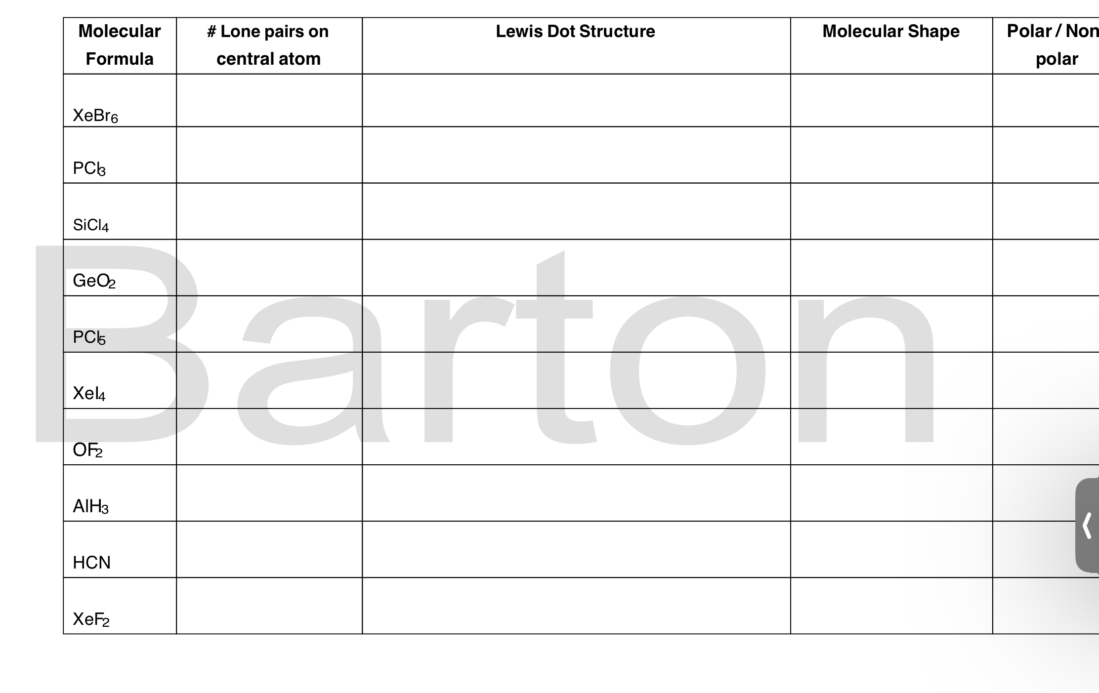 Solved \table[[\table[[Molecular],[Formula]],\table[[# Lone | Chegg.com