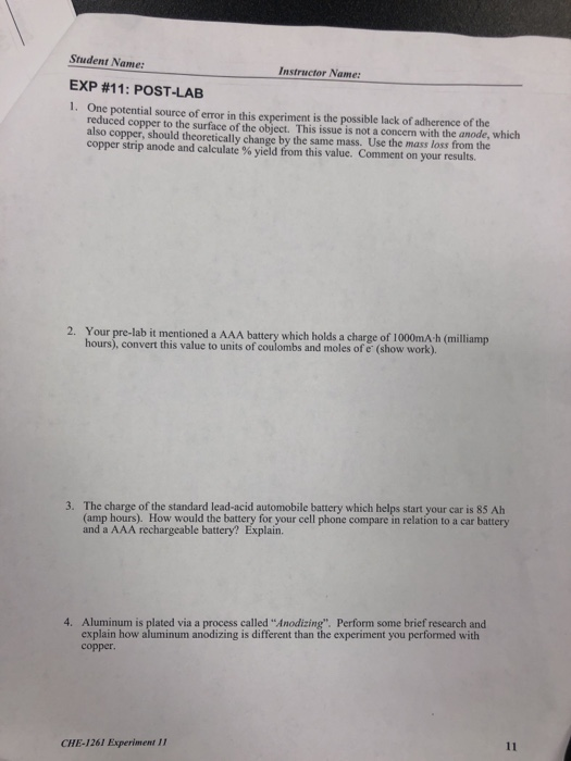 Student Name: Instructor Name: EXP #11: POST-LAB 1. | Chegg.com