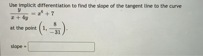 Solved 28 +7 Use implicit differentiation to find the slope | Chegg.com