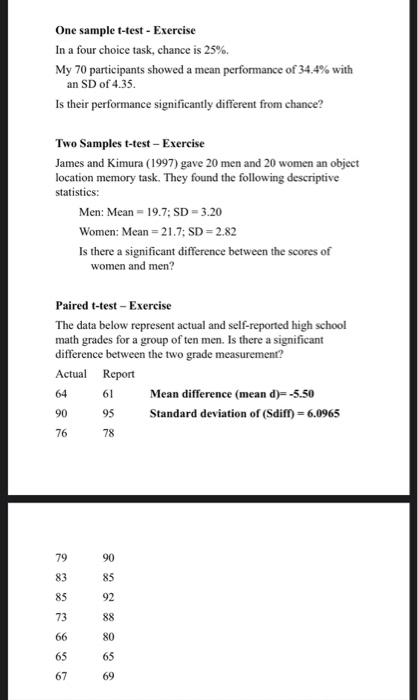 Solved One sample t-test - Exercise In a four choice task, | Chegg.com