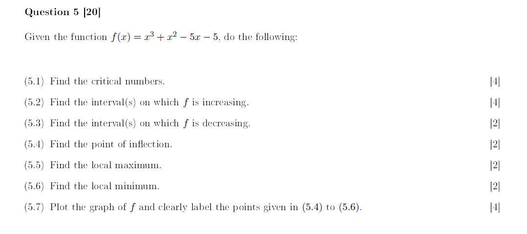 Solved Question 5 [20]Given the function f(x)=x3+x2-5x-5, | Chegg.com