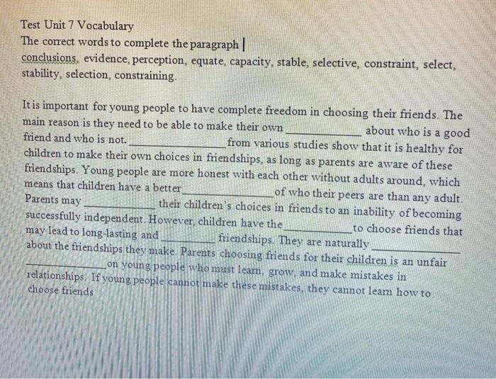 Solved Test Unit 7 Vocabulary The correct words to complete | Chegg.com