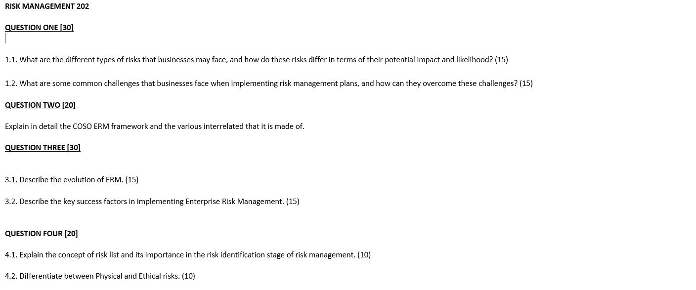 Solved RISK MANAGEMENT 202QUESTION ONE [30]1.1. ﻿What are | Chegg.com
