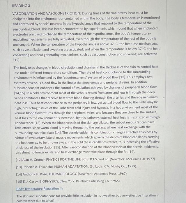 Solved READING 3 VASODILATION AND VASOCONSTRICTION: During | Chegg.com