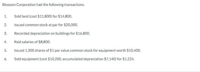 Solved Blossom Corporation had the following transactions. | Chegg.com