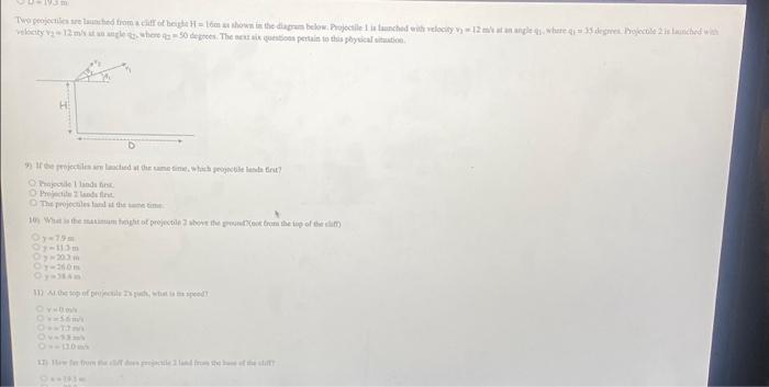 Solved 193 m Two projectiles are launched from a cliff of | Chegg.com
