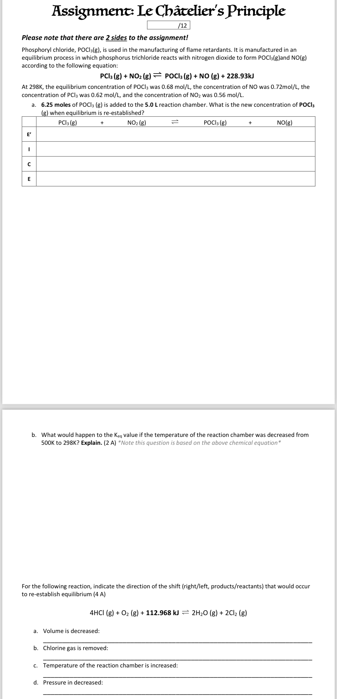 Solved Assignment: Le Châtelier's Principle! Please note | Chegg.com