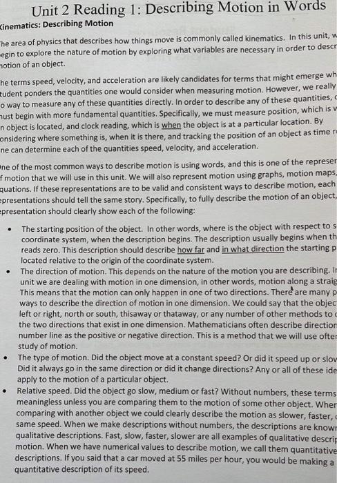 Solved . Unit 2 Reading 1: Describing Motion in Words | Chegg.com