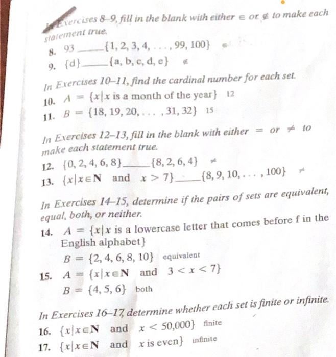 Solved Elercises 8-9, fill in the blank with either ∈ or & | Chegg.com