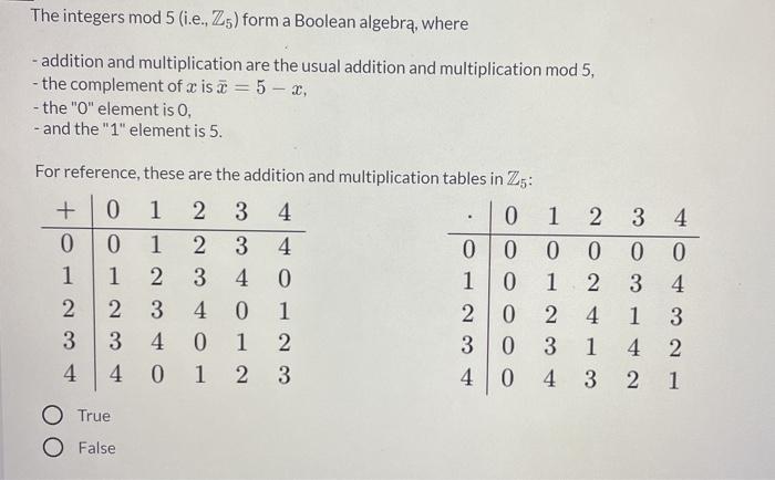 Solved The integers mod 5 (i.e., Zs) form a Boolean algebra, | Chegg.com