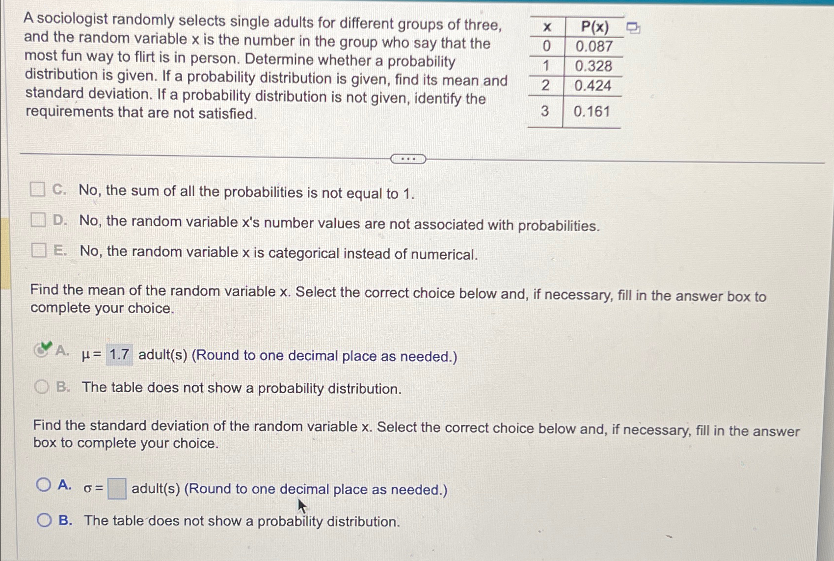 Solved A sociologist randomly selects single adults for | Chegg.com