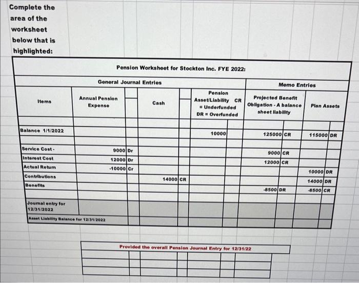 Pension Worksheet for Stockton Inc. FYE | Chegg.com