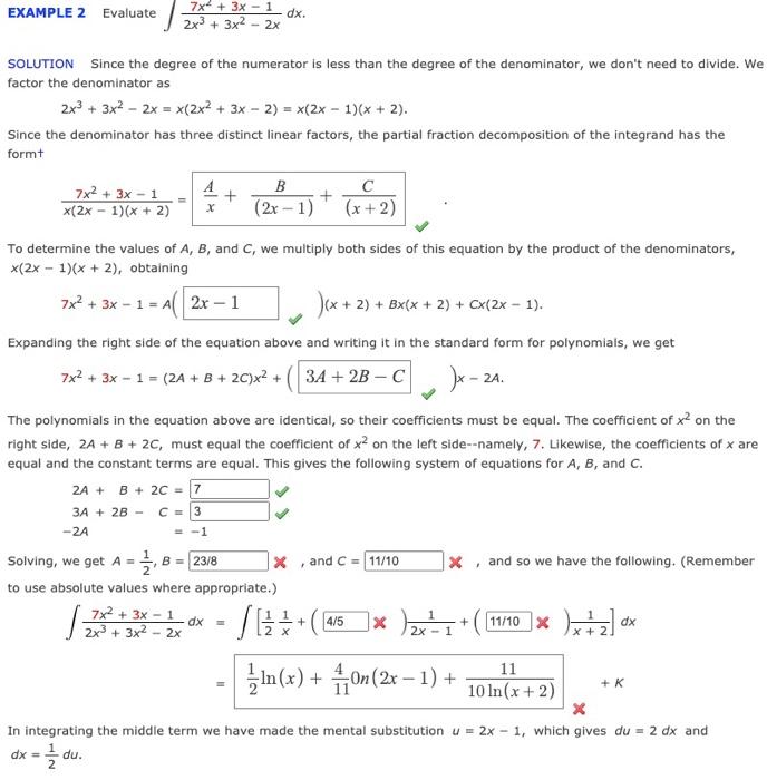 Solved EXAMPLE 2 Evaluate 7x + 3x - 1 dx. 2x3 + 3x2 - 2x | Chegg.com