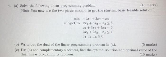 Solved 4. (a) Solve the following linear programming | Chegg.com