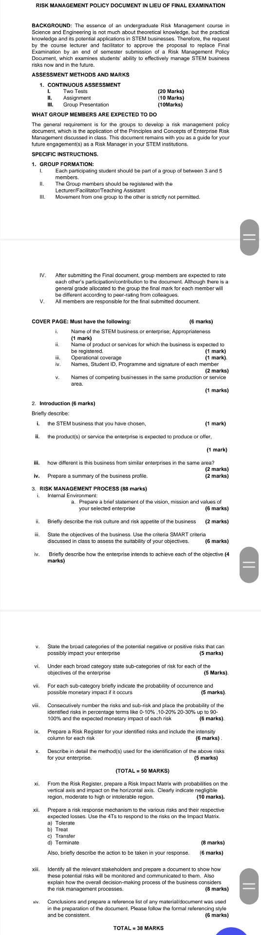 Solved RISK MANAGEMENT POLICY DOCUMENT IN LIEU OF FINAL | Chegg.com