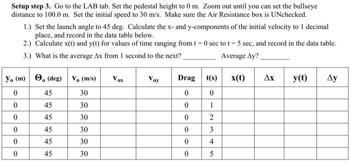Setup step 3. Go to the LAB tab. Set the pedestal | Chegg.com