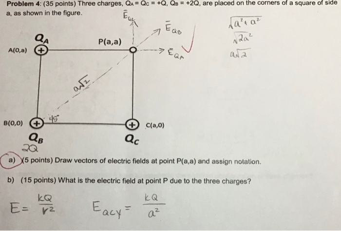 Solved Problem 4: (35 points) Three charges, QA = Qc = +Q, | Chegg.com