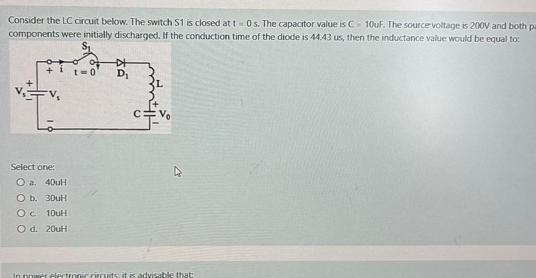 Solved Consider the LC circuit below. The switch S1 is | Chegg.com