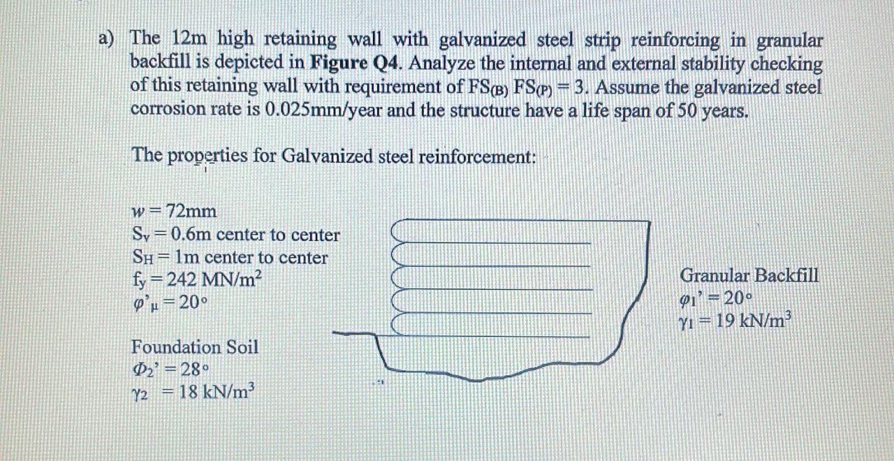 Solved a) ﻿The 12m ﻿high retaining wall with galvanized | Chegg.com