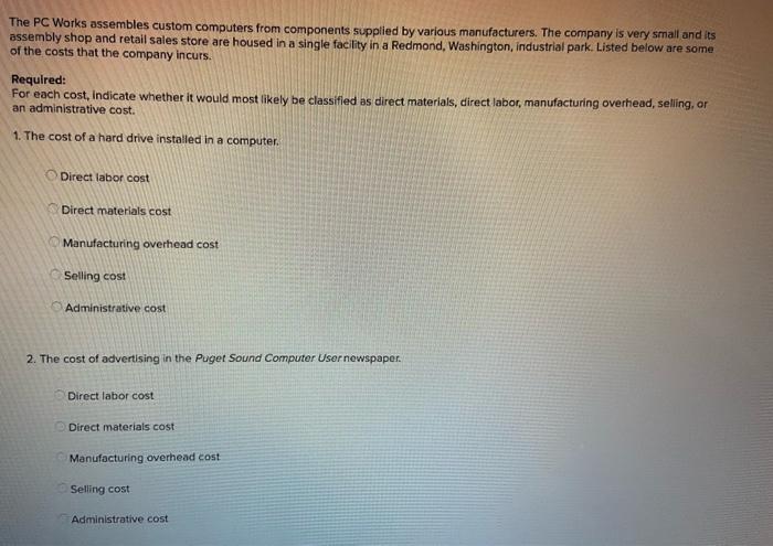 Solved The PC Works assembles custom computers from | Chegg.com