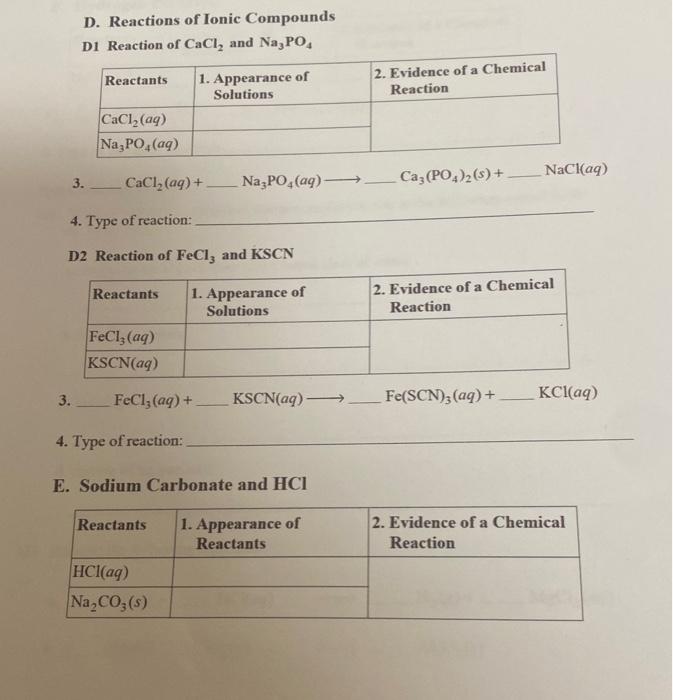Solved D. Reactions of Ionic Compounds D1 Reaction of CaCl2 | Chegg.com