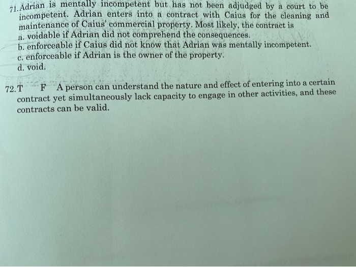 Solved drian is mentally incompetent but has not been | Chegg.com