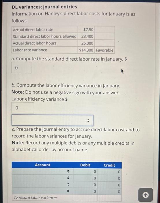 Solved DL variances; journal entries Information on Hanley's | Chegg.com