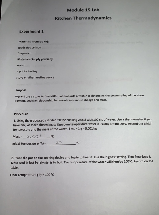 Solved Module 15 Lab Kitchen Thermodynamics Experiment 1 | Chegg.com