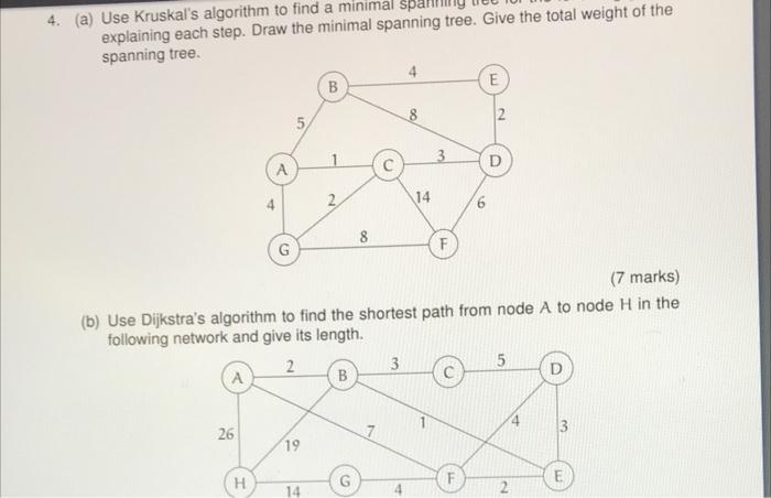 Solved 4. (a) Use Kruskal's algorithm to find a minimal | Chegg.com