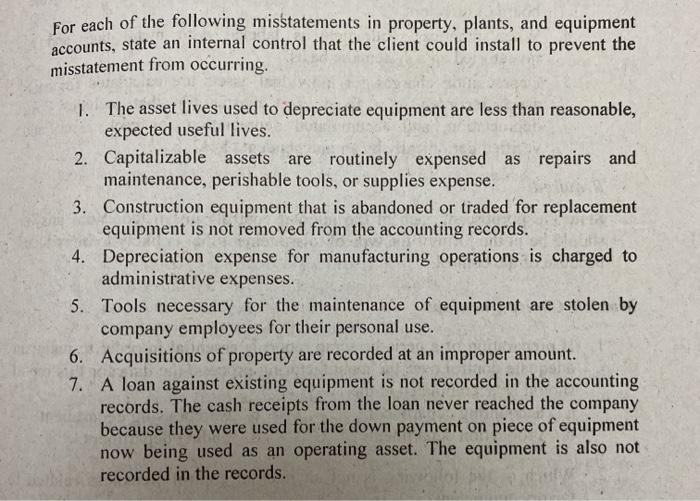 Solved For each of the following misstatements in property, | Chegg.com