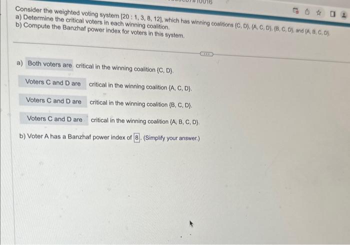 Consider the weighted voting system [20:1,3,8,12], | Chegg.com