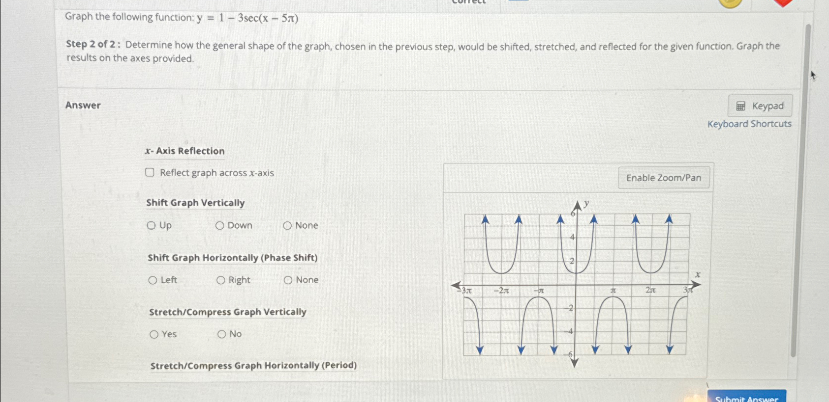 Solved Graph the following function: y=1-3sec(x-5π)Step 2 | Chegg.com