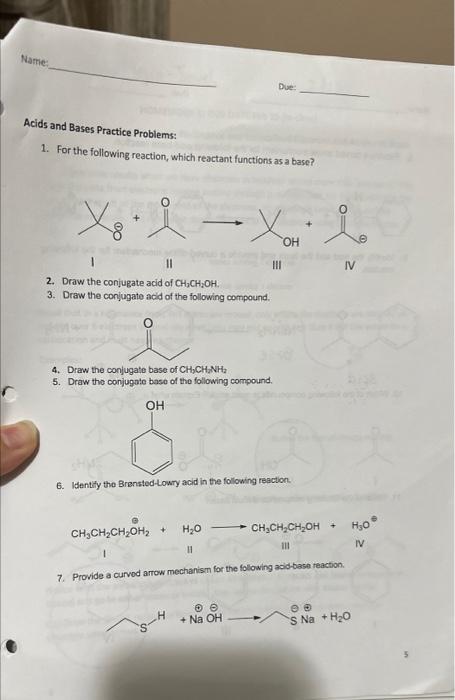 Solved Acids and Bases Practice Problems: 1. For the | Chegg.com