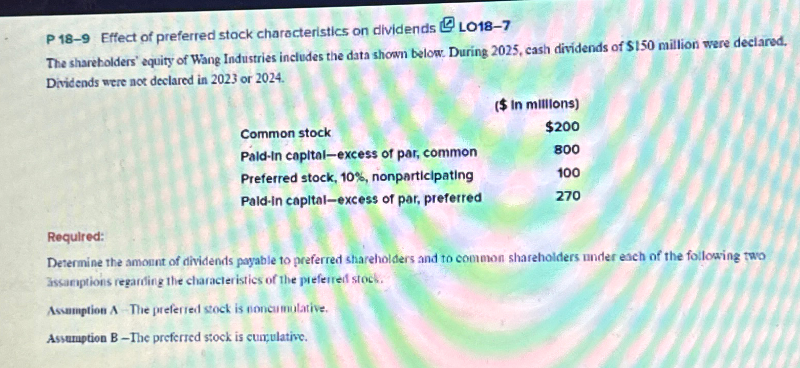 Solved P 18-9 ﻿Effect of preferred stock characteristics on | Chegg.com