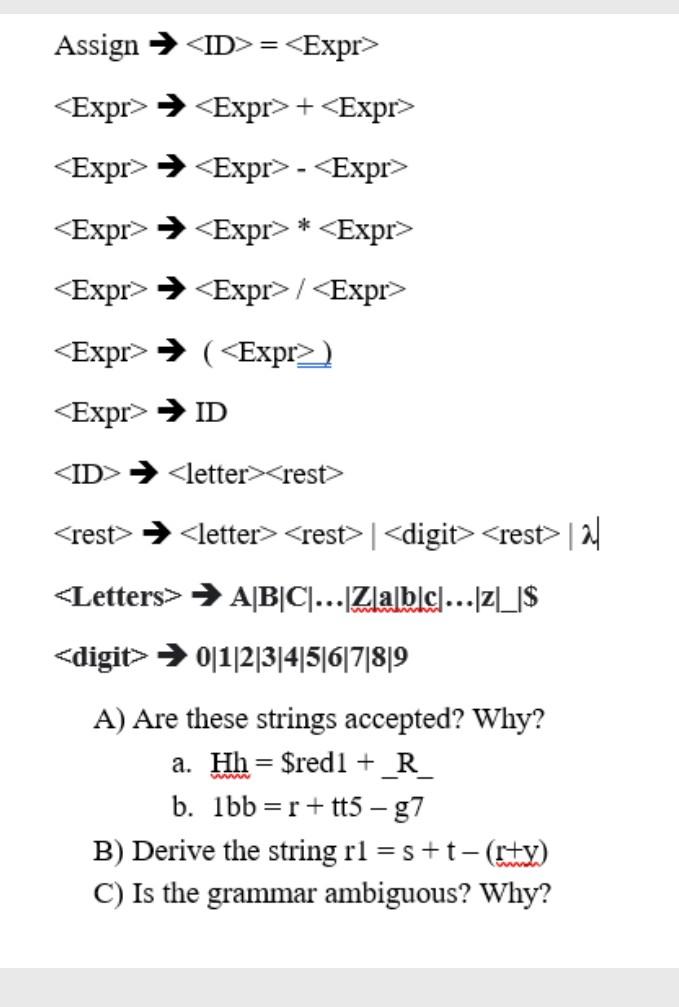 Solved Assign → = → + → Expr>- Expr> * → / + ( ) | Chegg.com