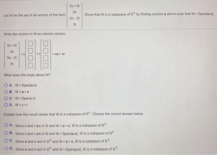 Solved 2s +41 3s Let W be the set of all vectors of the form | Chegg.com