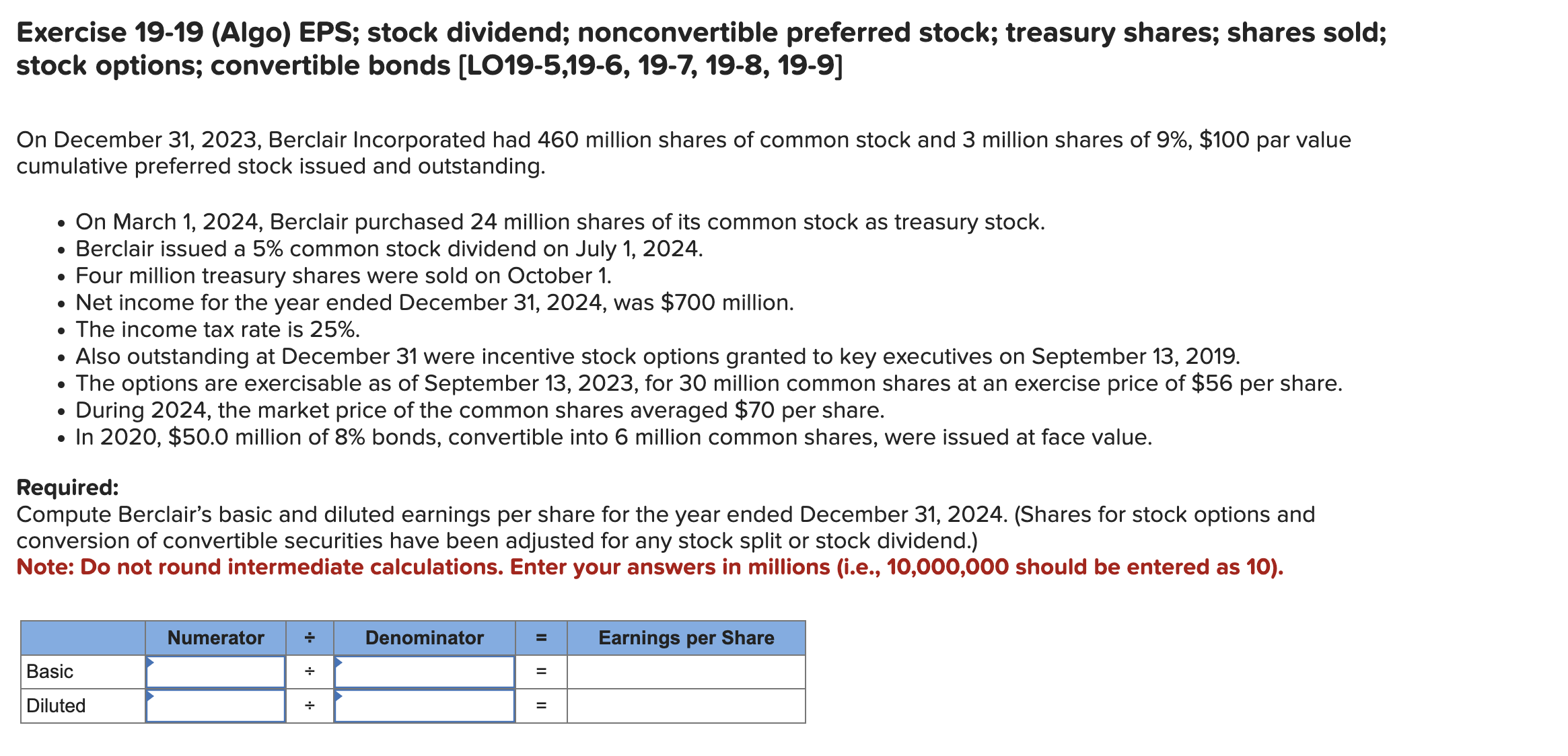 Solved Exercise 19-14 (Algo) ﻿EPS; stock dividend; | Chegg.com